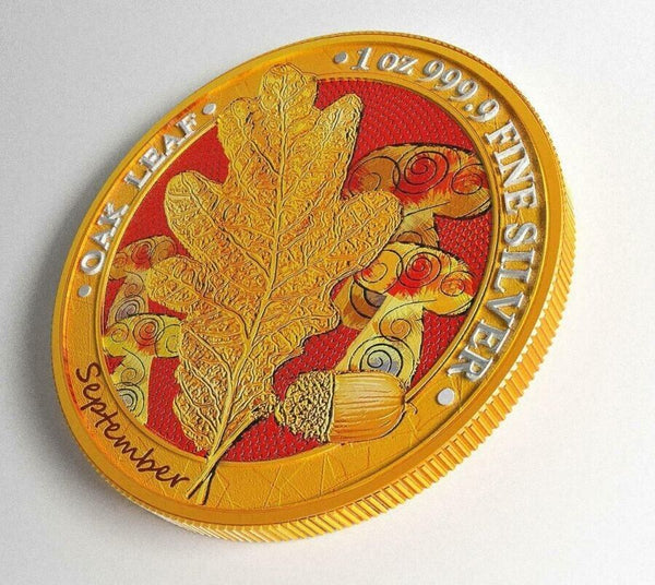 1 Oz Silver Coin 2019 5 Mark Germania Oak Leaf 12 Month Series - Septe ...
