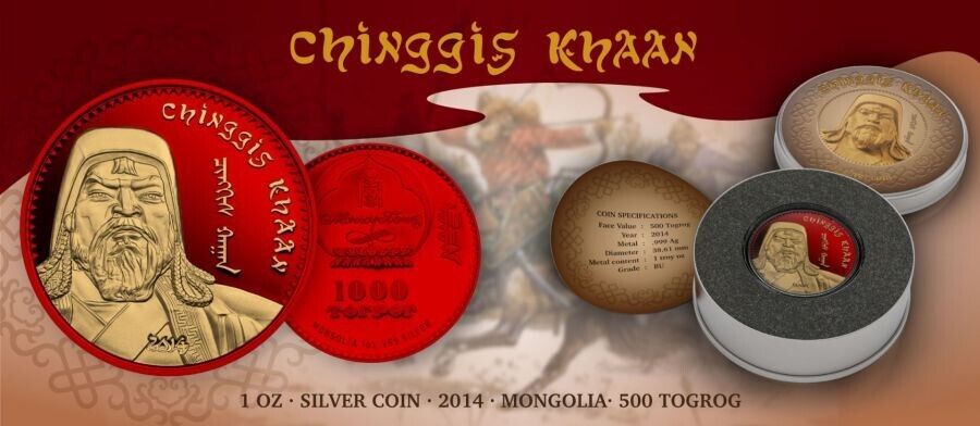 1 Oz Silver Coin 2014 500 Togrog Mongolia Chinggis Khaan Genghis Khan ...