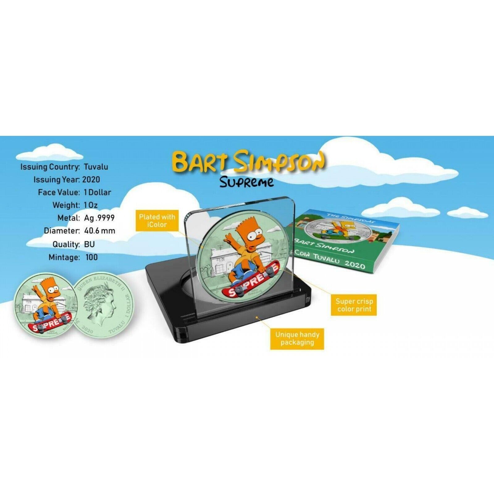 1 Oz Silver Coin 2020 Tuvalu $1 The Simpsons - Bart Simpson Supreme Co ...